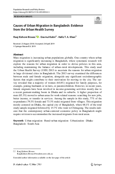 (PDF) Causes of Urban Migration in Bangladesh: Evidence from the Urban ...