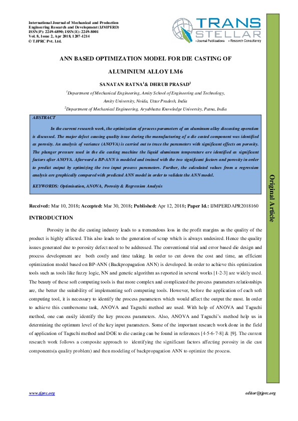 (PDF) Ann Based Optimization Model for Die Casting of Aluminium Alloy Lm6
