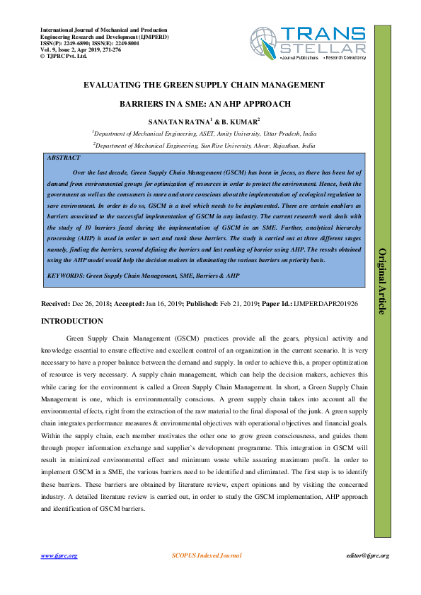 (PDF) Evaluating the Green Supply Chain Management Barriers in a SME, An AHP Approach | SANATAN ...