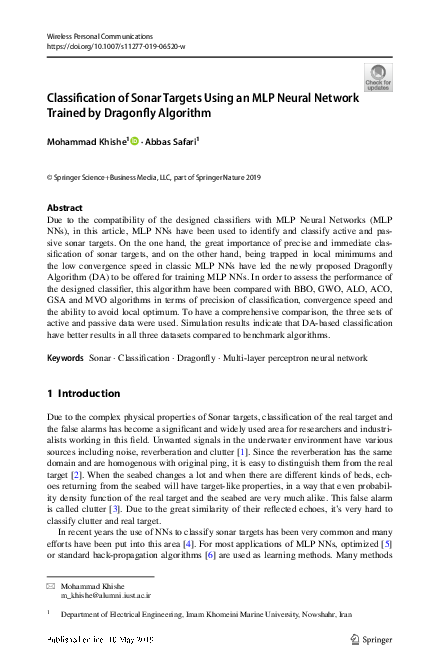 (PDF) Classification of Sonar Targets Using an MLP Neural Network Trained by Dragonfly Algorithm