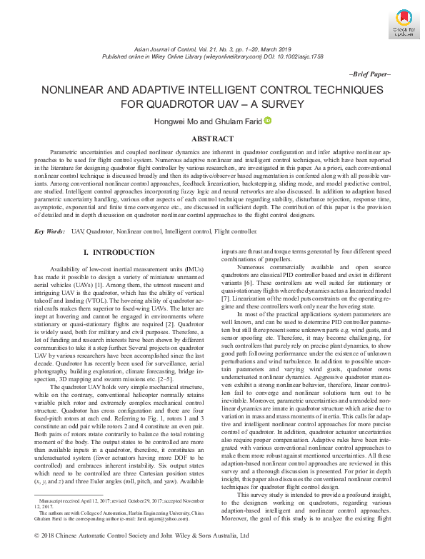 (PDF) Nonlinear and Adaptive Intelligent Control Techniques for Quadrotor UAV – A Survey