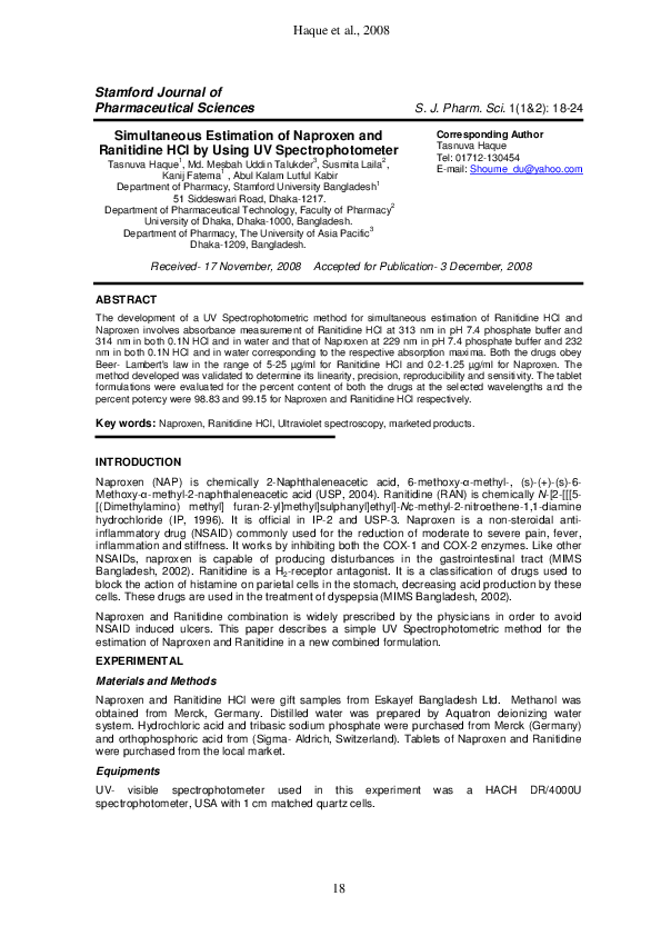 (PDF) Simultaneous Estimation of Naproxen and Ranitidine HCl by Using UV Spectrophotometer