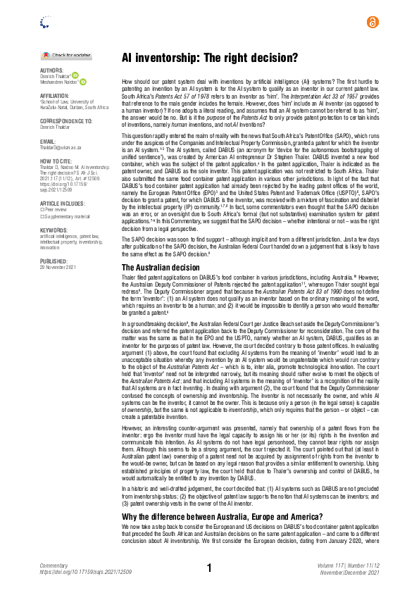 (PDF) AI inventorship: The right decision?