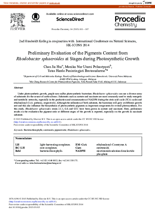 (PDF) Preliminary Evaluation of the Pigments Content from Rhodobacter ...