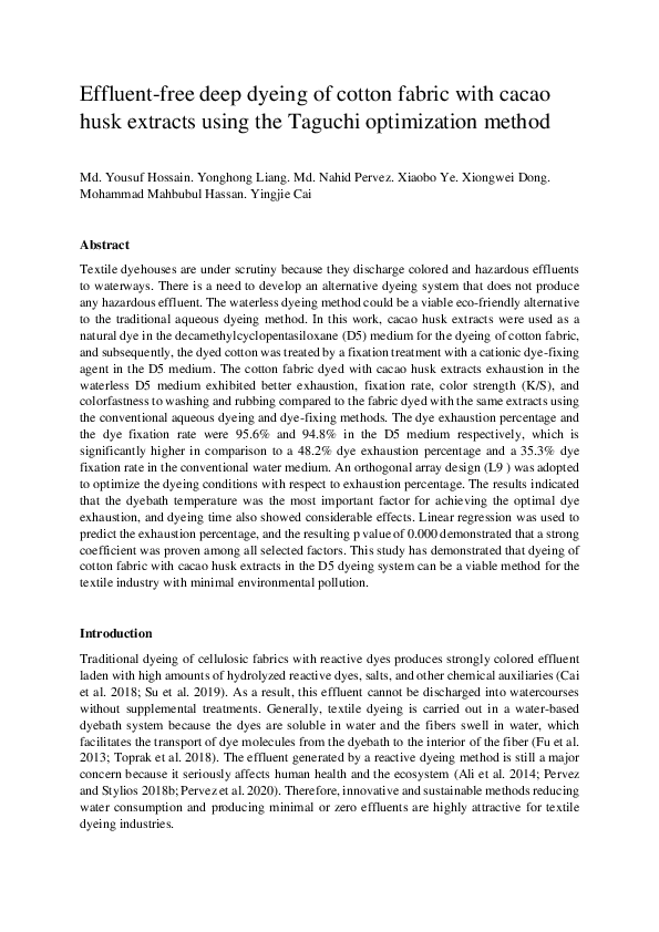 Effluent-free deep dyeing of cotton fabric with cacao husk extracts using the Taguchi ...