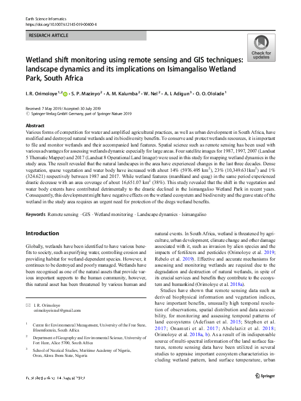 Pdf Wetland Shift Monitoring Using Remote Sensing And Gis Techniques