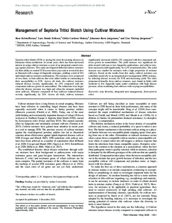 (PDF) Management of Septoria Tritici Blotch Using Cultivar Mixtures