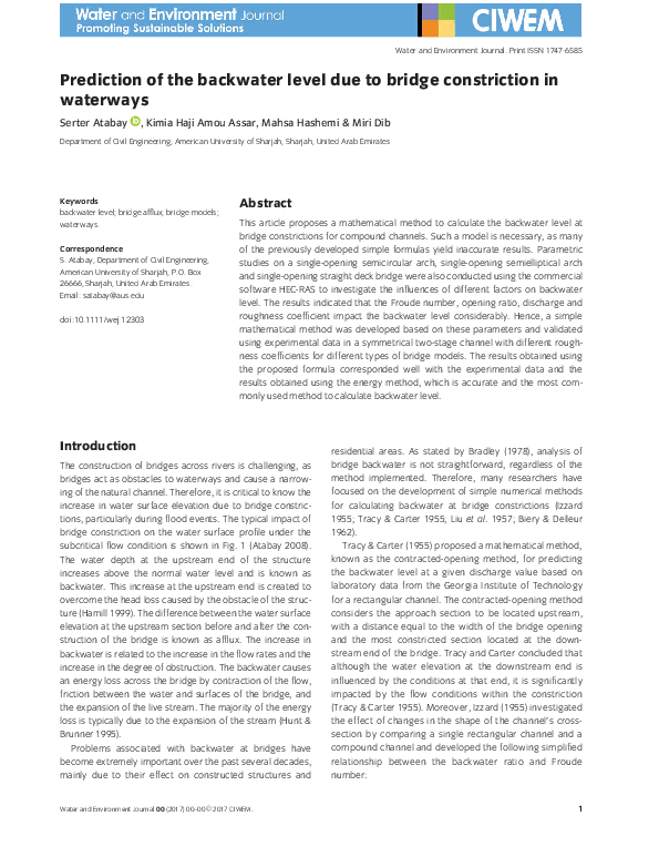 (PDF) Prediction of the backwater level due to bridge constriction in ...