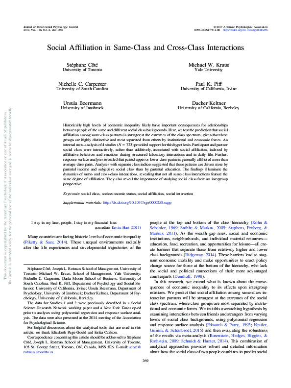 (PDF) Social affiliation in same-class and cross-class interactions