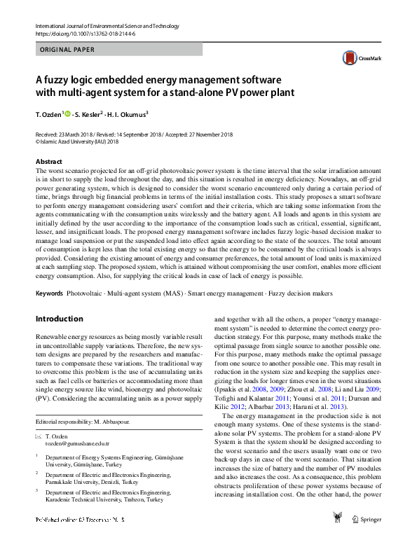 Pdf A Fuzzy Logic Embedded Energy Management Software With Multi Agent System For A Stand