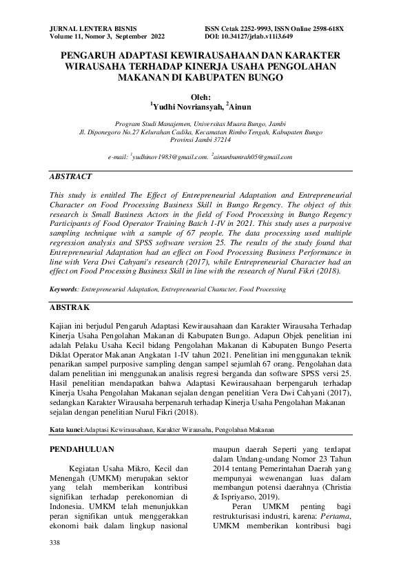 (PDF) Pengaruh Adaptasi Kewirausahaan Dan Karakter Wirausaha Terhadap ...