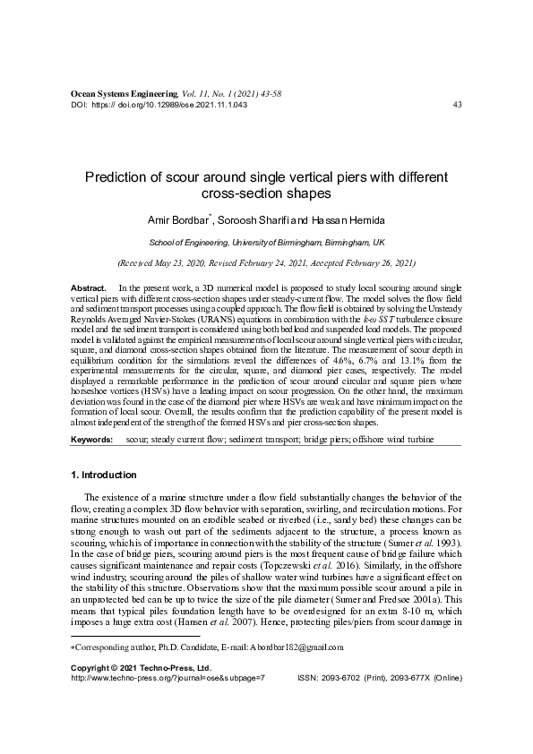 (PDF) Prediction of scour around single vertical piers with different cross-section shapes