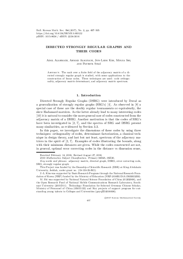 (PDF) Directed Strongly Regular Graphs and Their Codes | Adel Alahmadi - Academia.edu