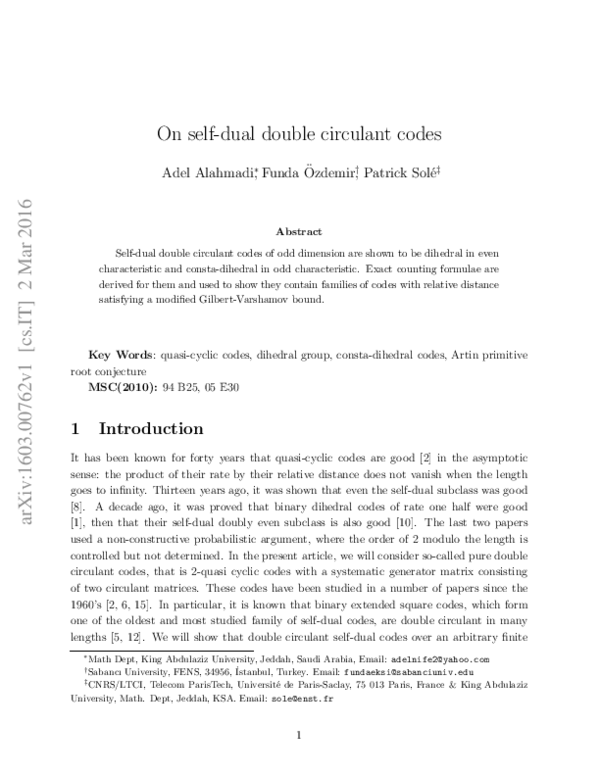 (PDF) On self-dual double circulant codes