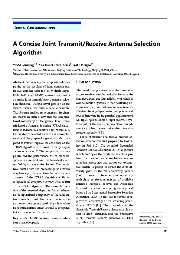 Pdf A Concise Joint Transmit Receive Antenna Selection Algorithm