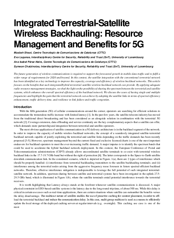 (PDF) Integrated Terrestrial-Satellite Wireless Backhauling: Resource Management and Benefits for 5G