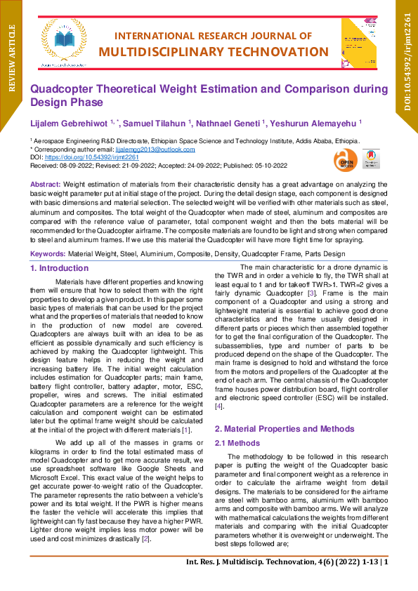 (PDF) Quadcopter Theoretical Weight Estimation and Comparison during Design Phase