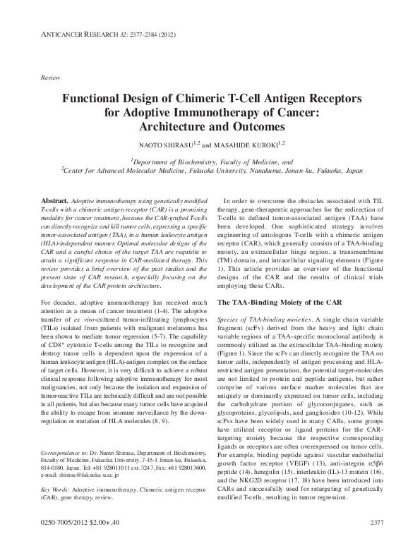 (PDF) Functional design of chimeric T-cell antigen receptors for adoptive immunotherapy of ...