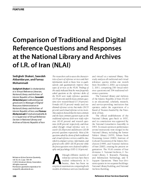 (PDF) Comparison of Traditional and Digital Reference Questions and ...