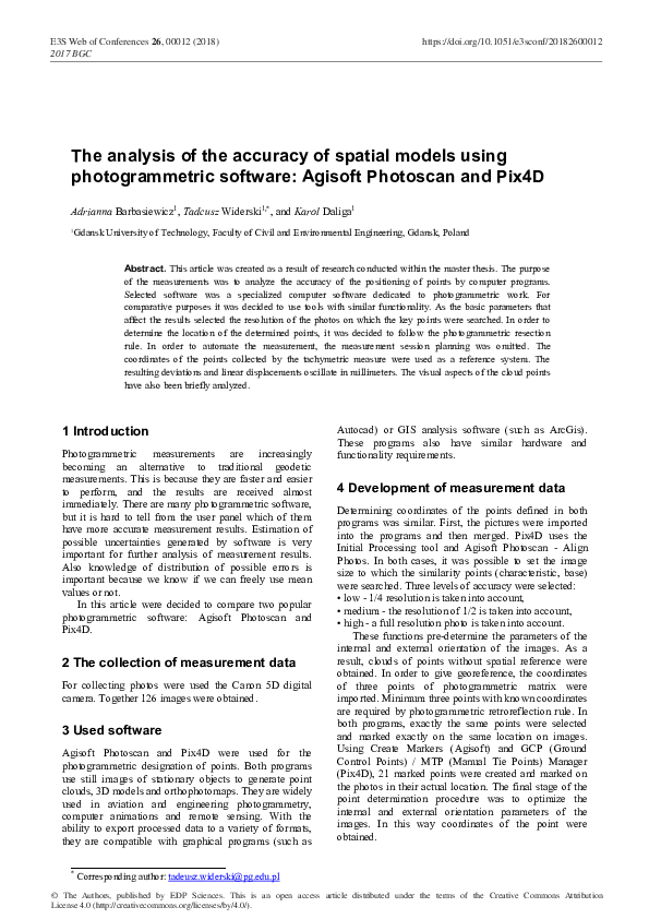 (PDF) The analysis of the accuracy of spatial models using photogrammetric software: Agisoft ...