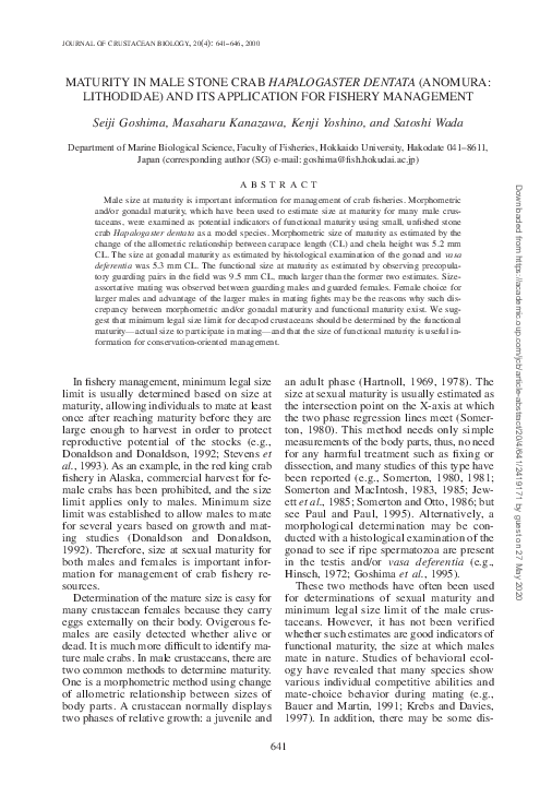 (PDF) Maturity in Male Stone Crab Hapalogaster Dentata (Anomura ...