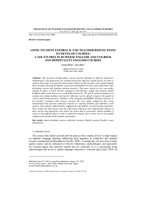 (PDF) Using Student Feedback and Teacher Reflections to Develop Courses ...