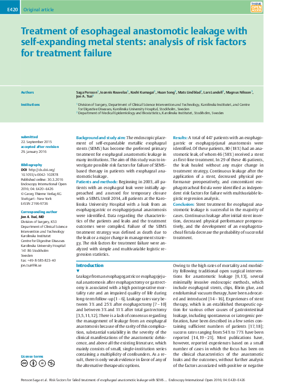 (PDF) Treatment of esophageal anastomotic leakage with self-expanding ...