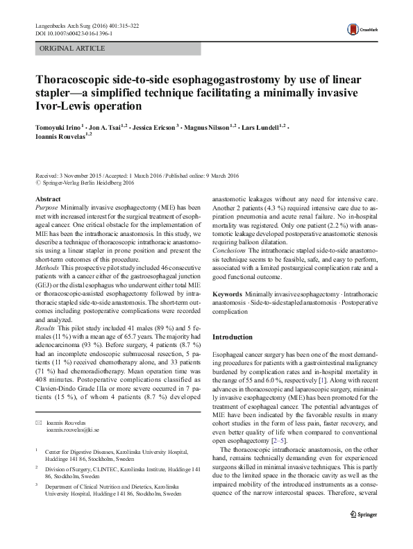 (PDF) Thoracoscopic side-to-side esophagogastrostomy by use of linear stapler-a simplified ...