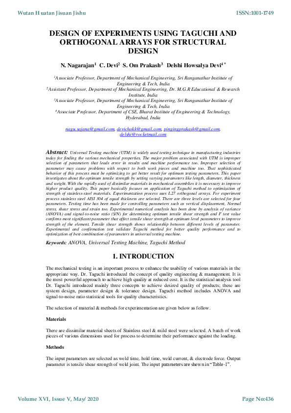 Pdf Design Of Experiments Using Taguchi And Orthogonal Arrays For