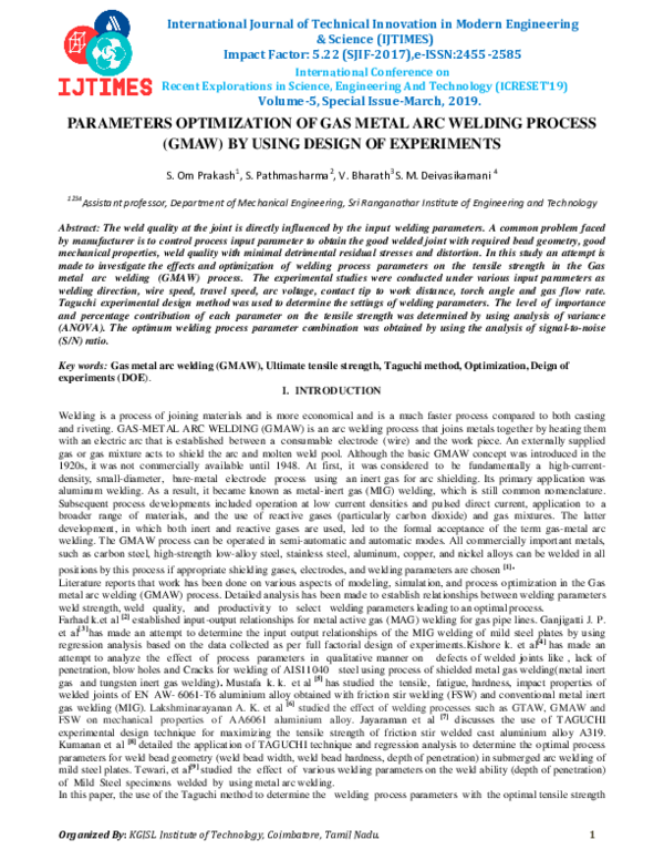 (PDF) PARAMETERS OPTIMIZATION OF GAS METAL ARC WELDING PROCESS (GMAW) BY USING DESIGN OF EXPERIMENTS