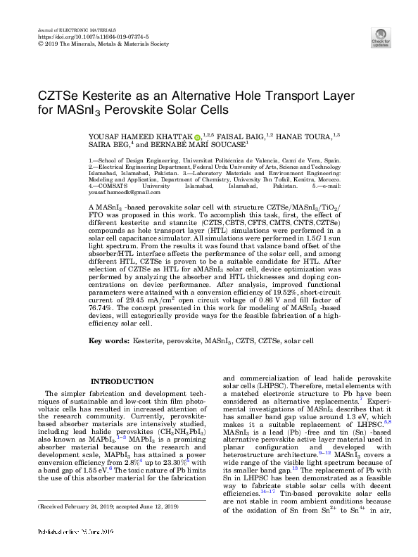 (PDF) CZTSe Kesterite as an Alternative Hole Transport Layer for MASnI3 ...
