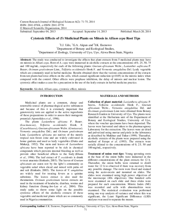(PDF) Cytotoxic Effects of (5) Medicinal Plants on Mitosis in Allium cepa Root Tips