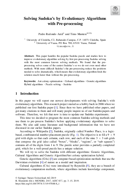 (PDF) Solving Sudoku’s by Evolutionary Algorithms with Pre-processing
