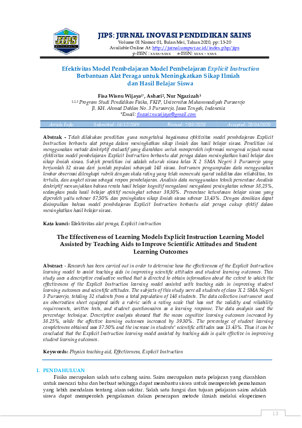 (PDF) Efektivitas Model Pembelajaran Model Pembelajaran Explicit Instruction Berbantuan Alat ...