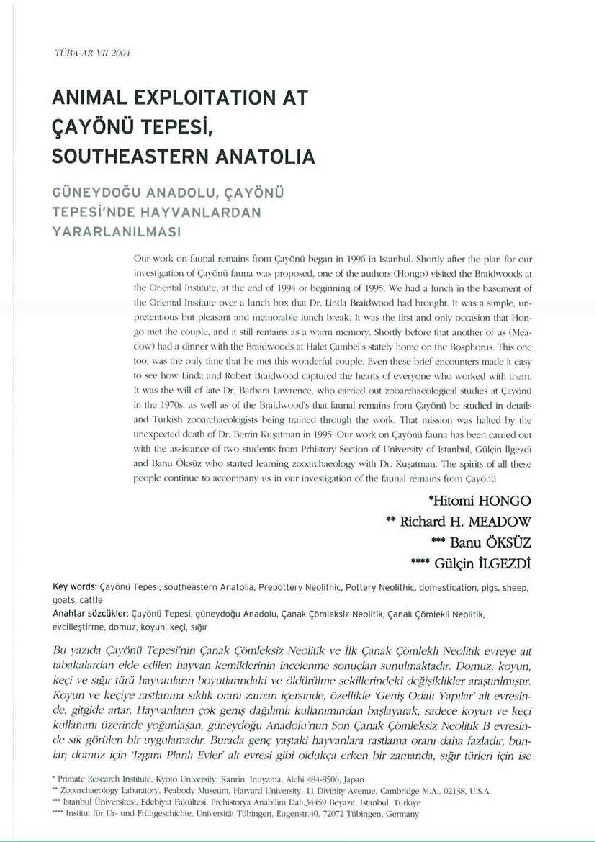 (PDF) Animal Exploitation at Çayönü Tepesi̇, Southeastern Anatolia