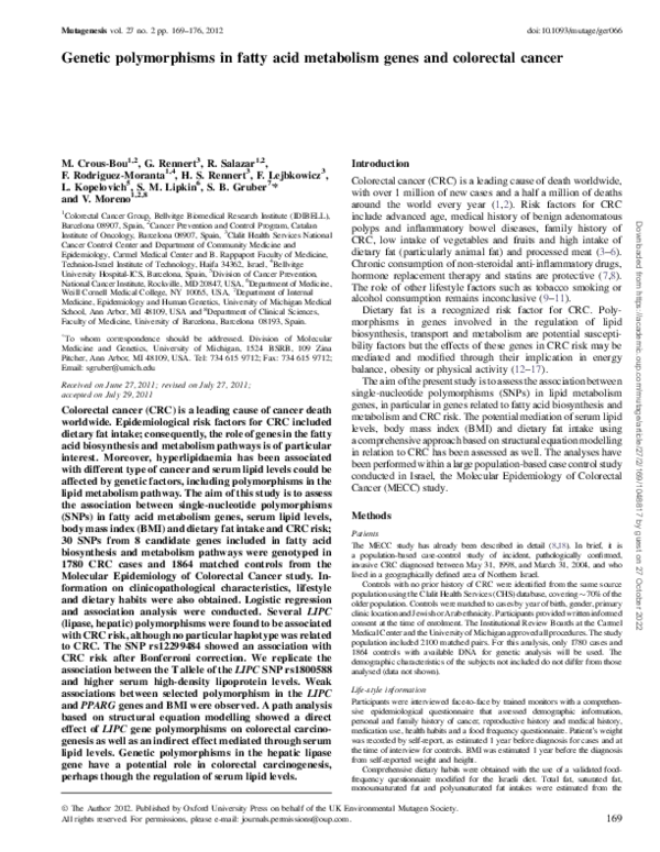 (PDF) Genetic polymorphisms in fatty acid metabolism genes and colorectal cancer | Sabhiya Majid ...