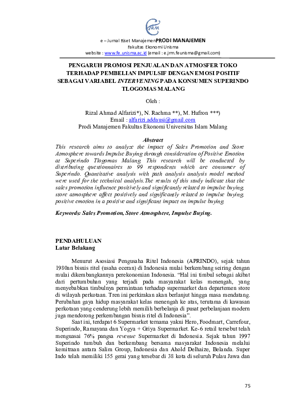 (PDF) Pengaruh Promosi Penjualan Dan Atmosfer Toko Terhadap Pembelian Impulsif Dengan Emosi ...