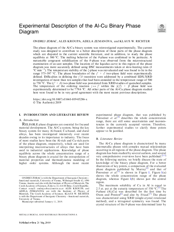 (PDF) Experimental Description of the Al-Cu Binary Phase Diagram