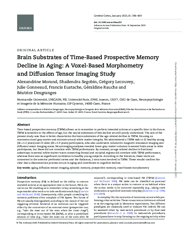 Pdf Brain Substrates Of Time Based Prospective Memory Decline In Aging A Voxel Based