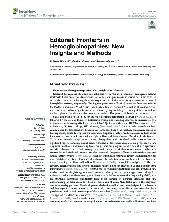 Pdf Editorial Frontiers In Hemoglobinopathies New Insights And Methods