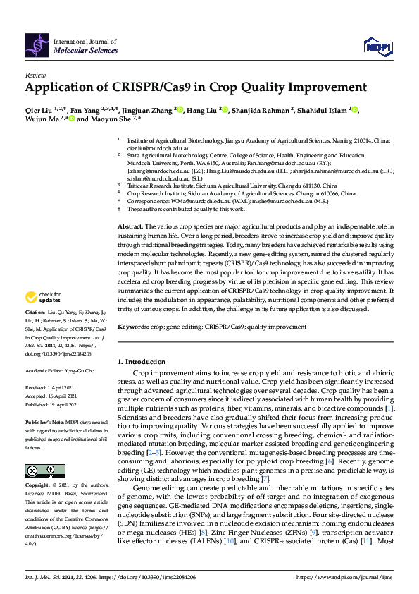 (PDF) CRISPR/Cas9 Enhancements in Crop Quality Improvement