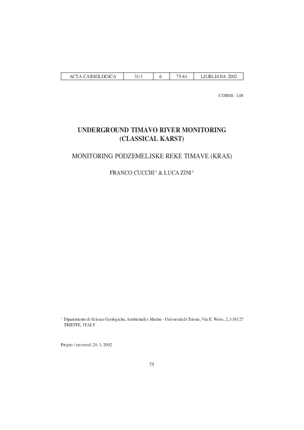 (PDF) Underground Timavo River Monitoring (Classical Karst)
