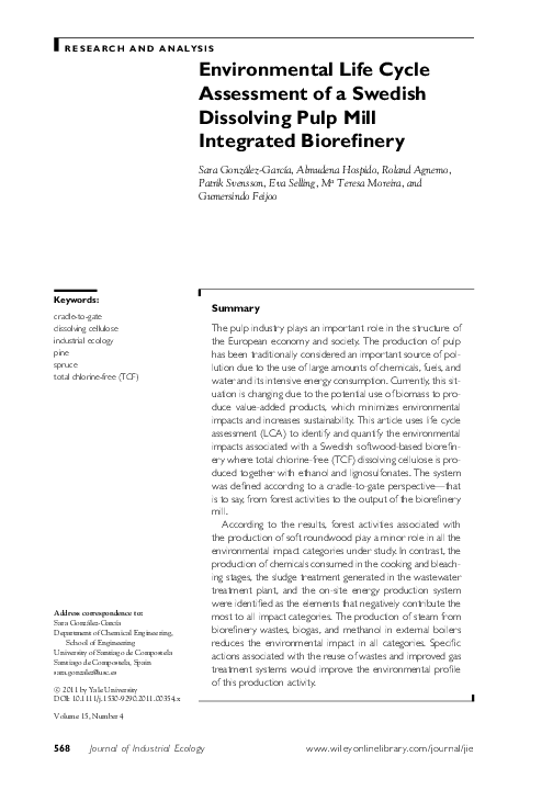 (PDF) Environmental Life Cycle Assessment of a Swedish Dissolving Pulp ...