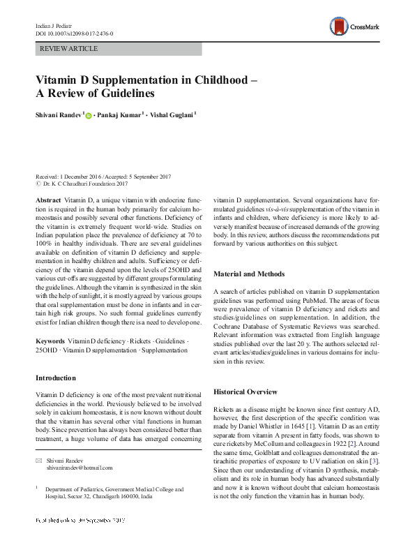 (PDF) Vitamin D Supplementation in Childhood - A Review of Guidelines