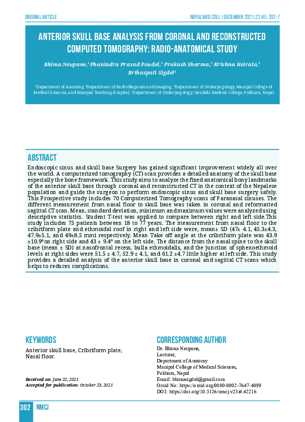 (PDF) Anterior Skull Base Analysis from Coronal and Reconstructed Computed Tomography: Radio ...