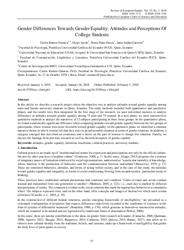 (PDF) Gender Differences Towards Gender Equality: Attitudes and Perceptions Of College Students