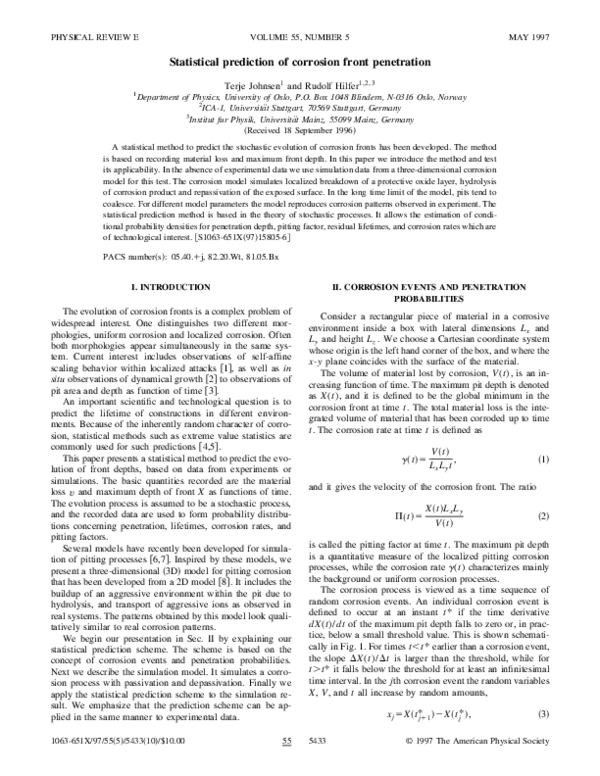 (PDF) Statistical prediction of corrosion front penetration