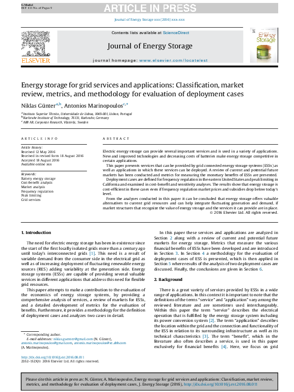 Pdf Energy Storage For Grid Services And Applications Classification Market Review Metrics