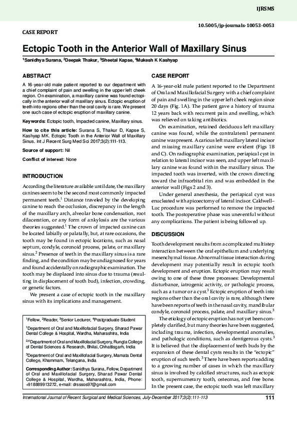 (PDF) Ectopic Tooth in the Anterior Wall of Maxillary Sinus | Deepak ...