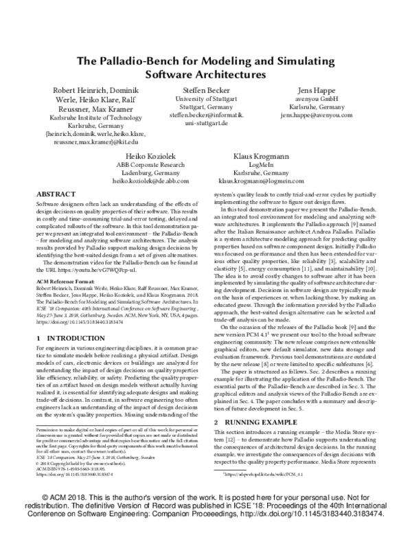 (PDF) The palladio-bench for modeling and simulating software architectures
